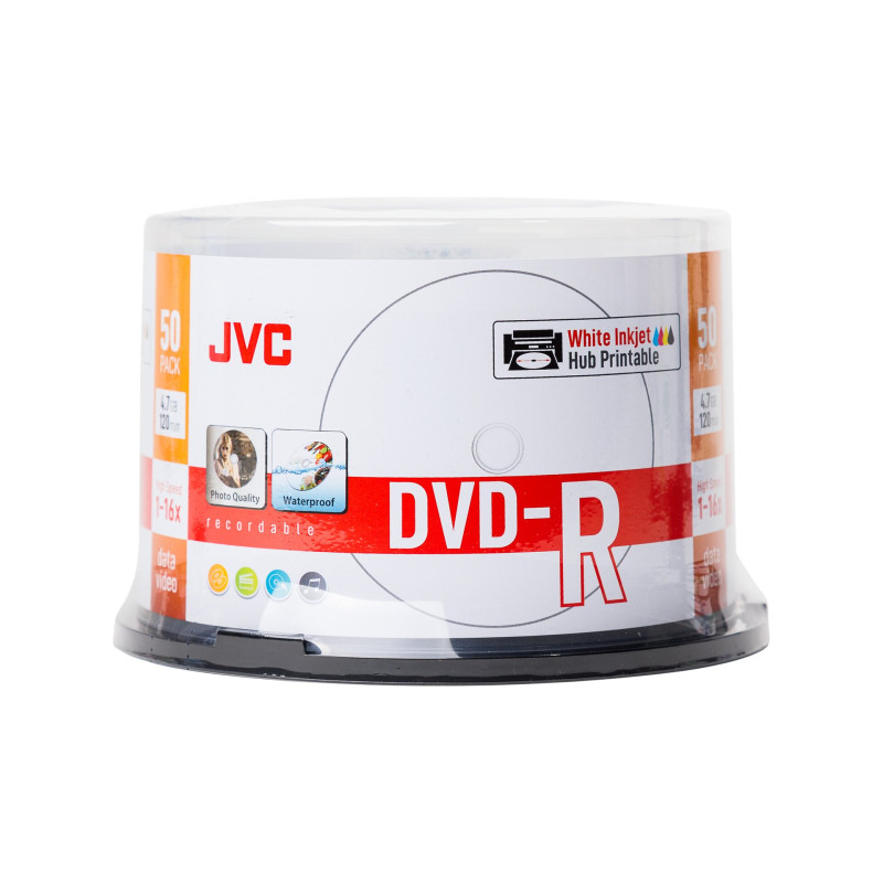JVC DVD-R 4,7GB 16X INKJET WHITE PRINTABLE WATERPROOF Foto Brilhante ...
